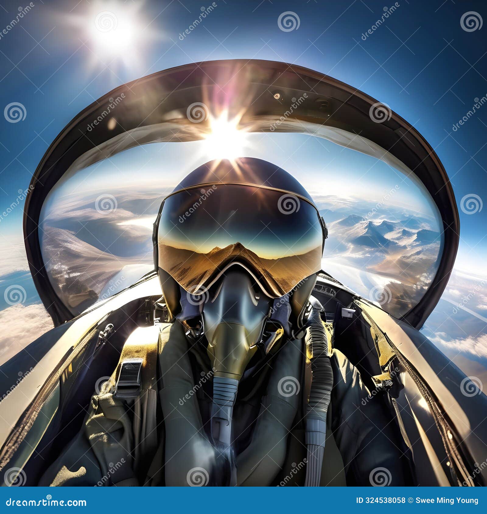 Image of Fighter Pilot Shot from the Front in Flight and the Visor and Mirrors the Image of ...