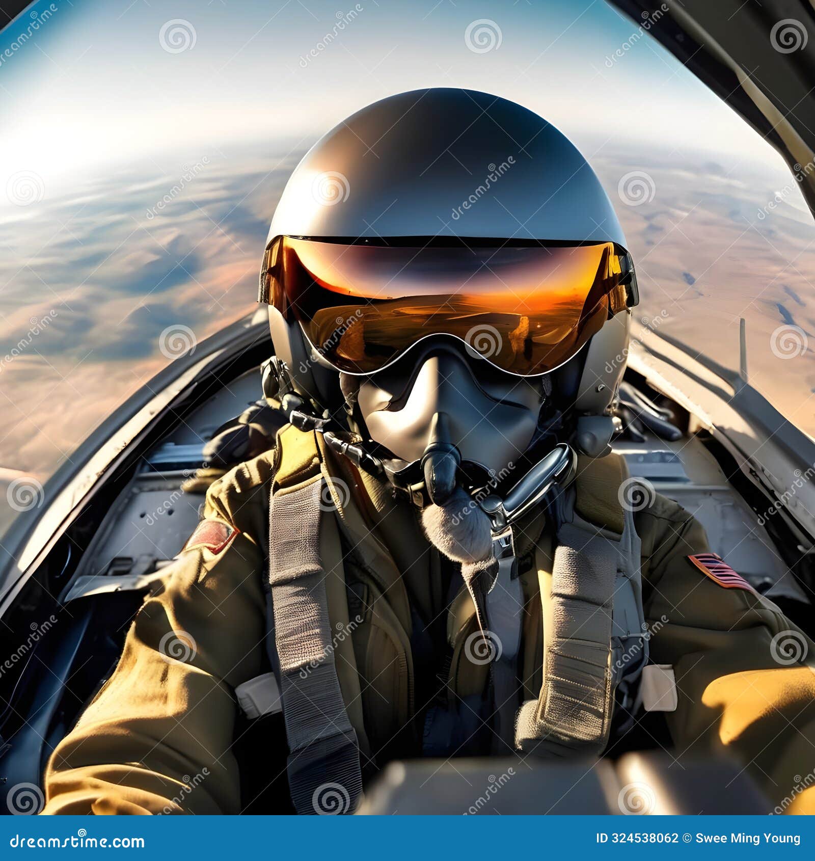 Image of Fighter Pilot Shot from the Front in Flight and the Visor and ...