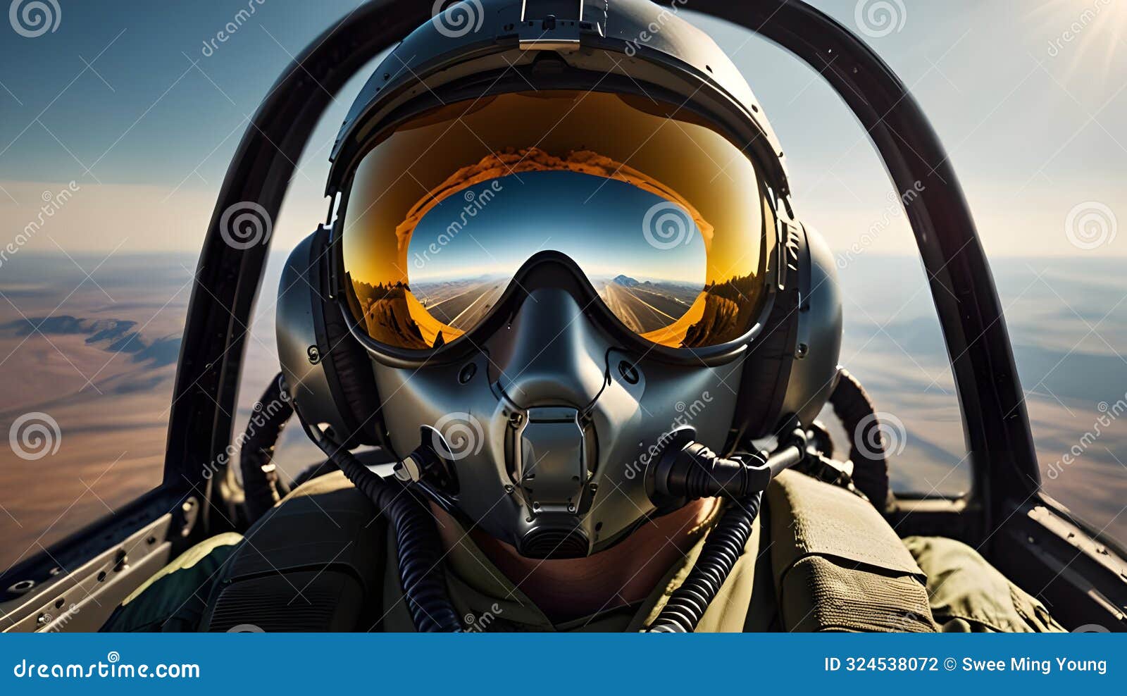 Image of Fighter Pilot Shot from the Front in Flight and the Visor and ...