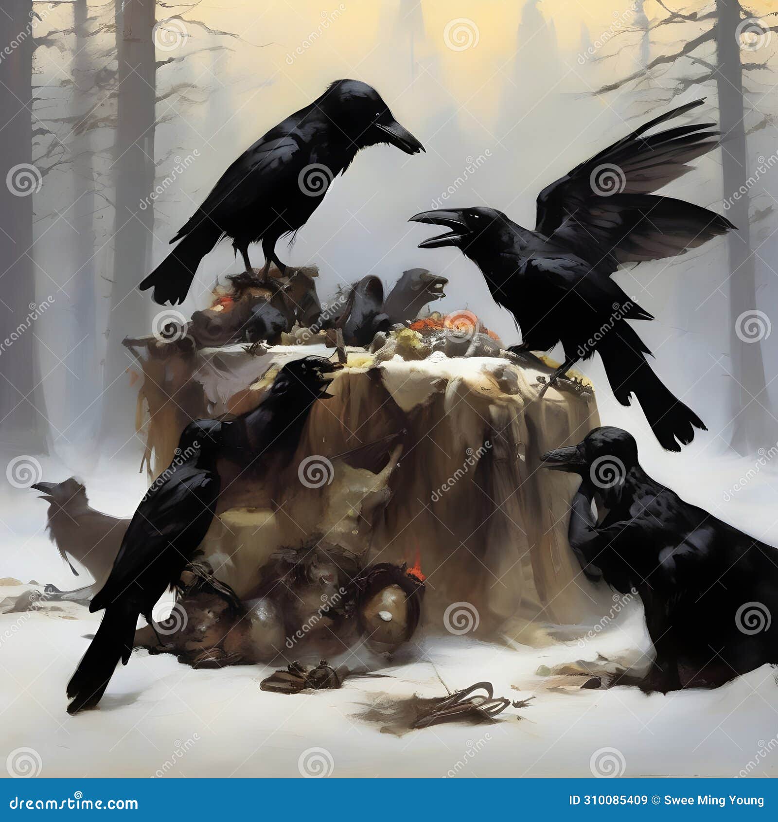Image of a Gathering of Crows in Frazetta Style. Stock Illustration ...