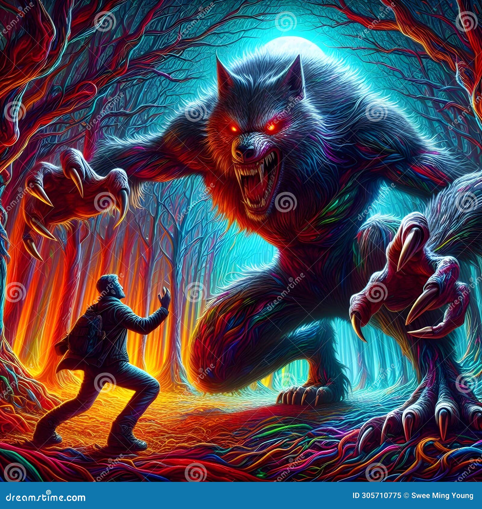 Image of a Huge Fierce Werewolf is Shown and Running Wild in the Dark ...