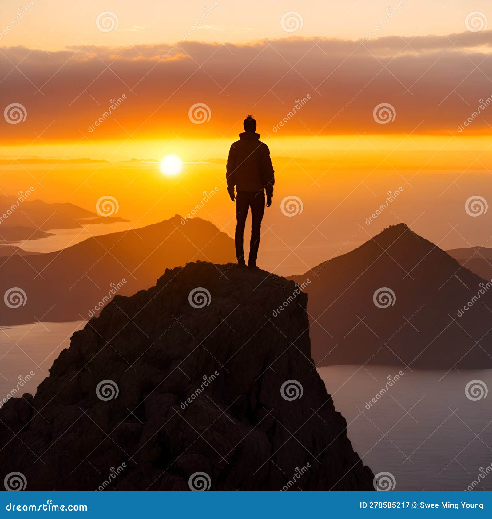 A Human Figures Stand Atop a Mountain Peak, Gazing Out at the Distant ...
