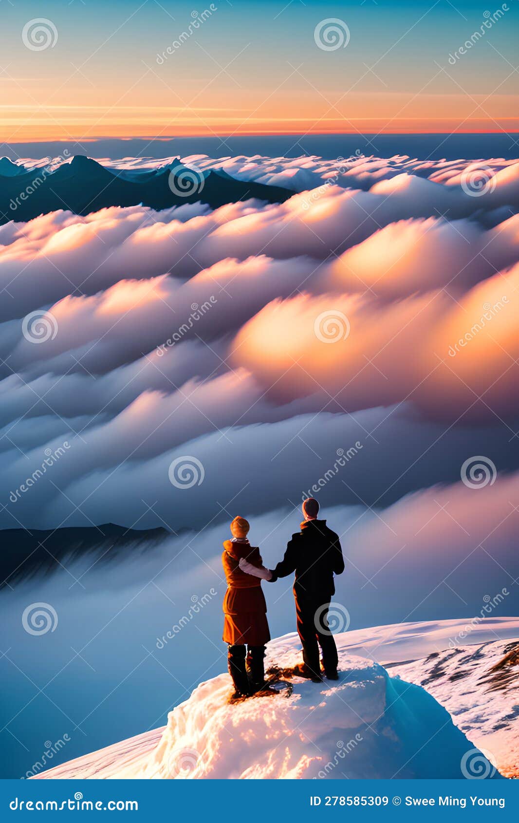 A Human Figures Stand Atop a Mountain Peak, Gazing Out at the Distant ...