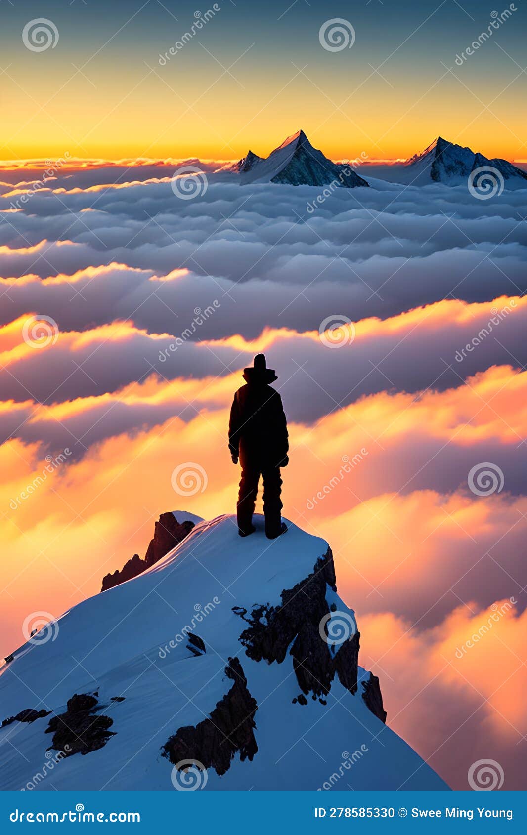 A Human Figures Stand Atop a Mountain Peak, Gazing Out at the Distant ...