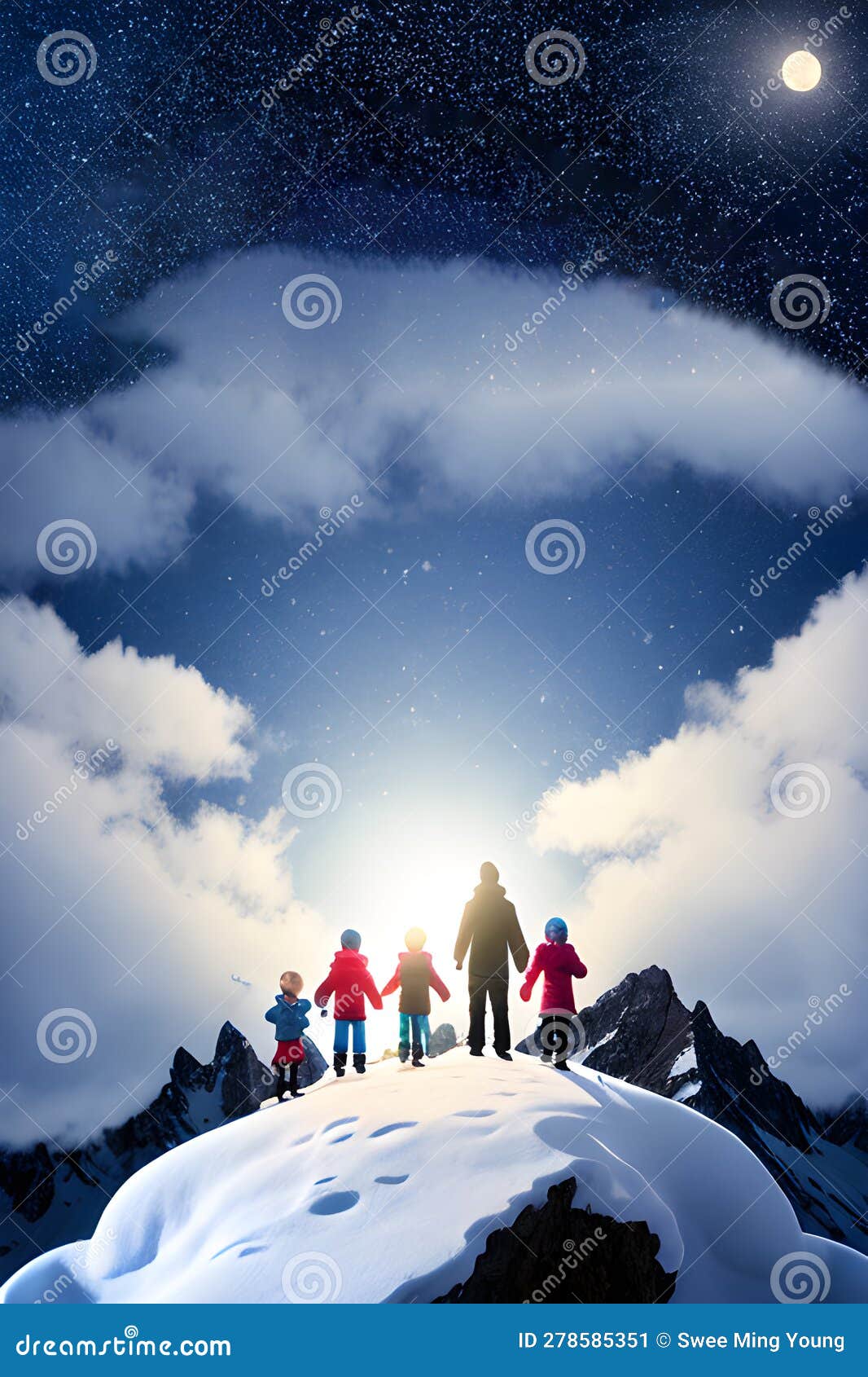 A Human Figures Stand Atop a Mountain Peak, Gazing Out at the Distant ...