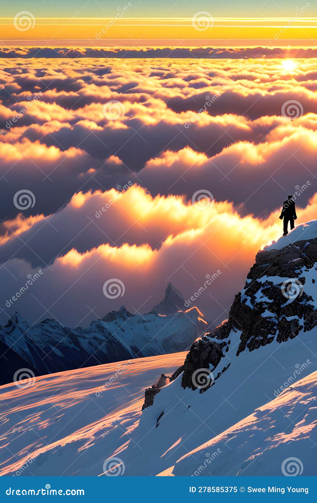 A Human Figures Stand Atop a Mountain Peak, Gazing Out at the Distant ...