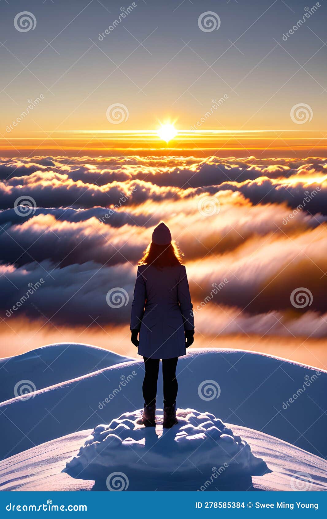 A Human Figures Stand Atop a Mountain Peak, Gazing Out at the Distant ...