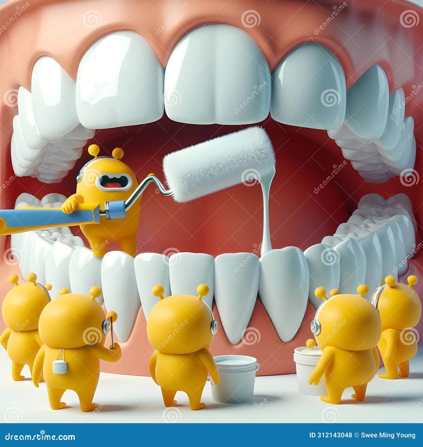 Image of Little Funny Cartoon Monsters in Yellow Suits Color the Tooth ...