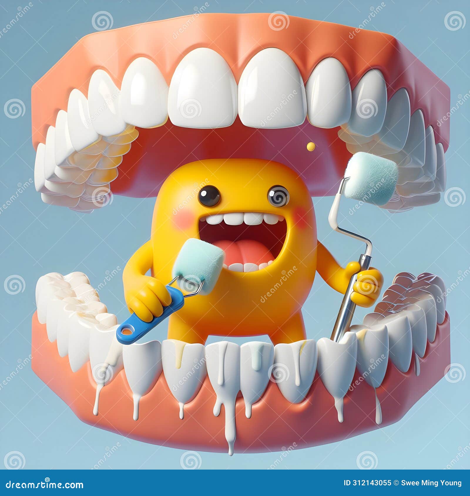 Image of Little Funny Cartoon Monsters in Yellow Suits Color the Tooth ...