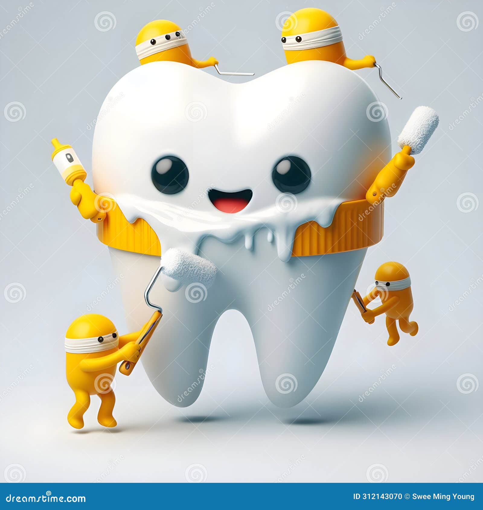 Image of Little Funny Cartoon Monsters in Yellow Suits Color the Tooth ...