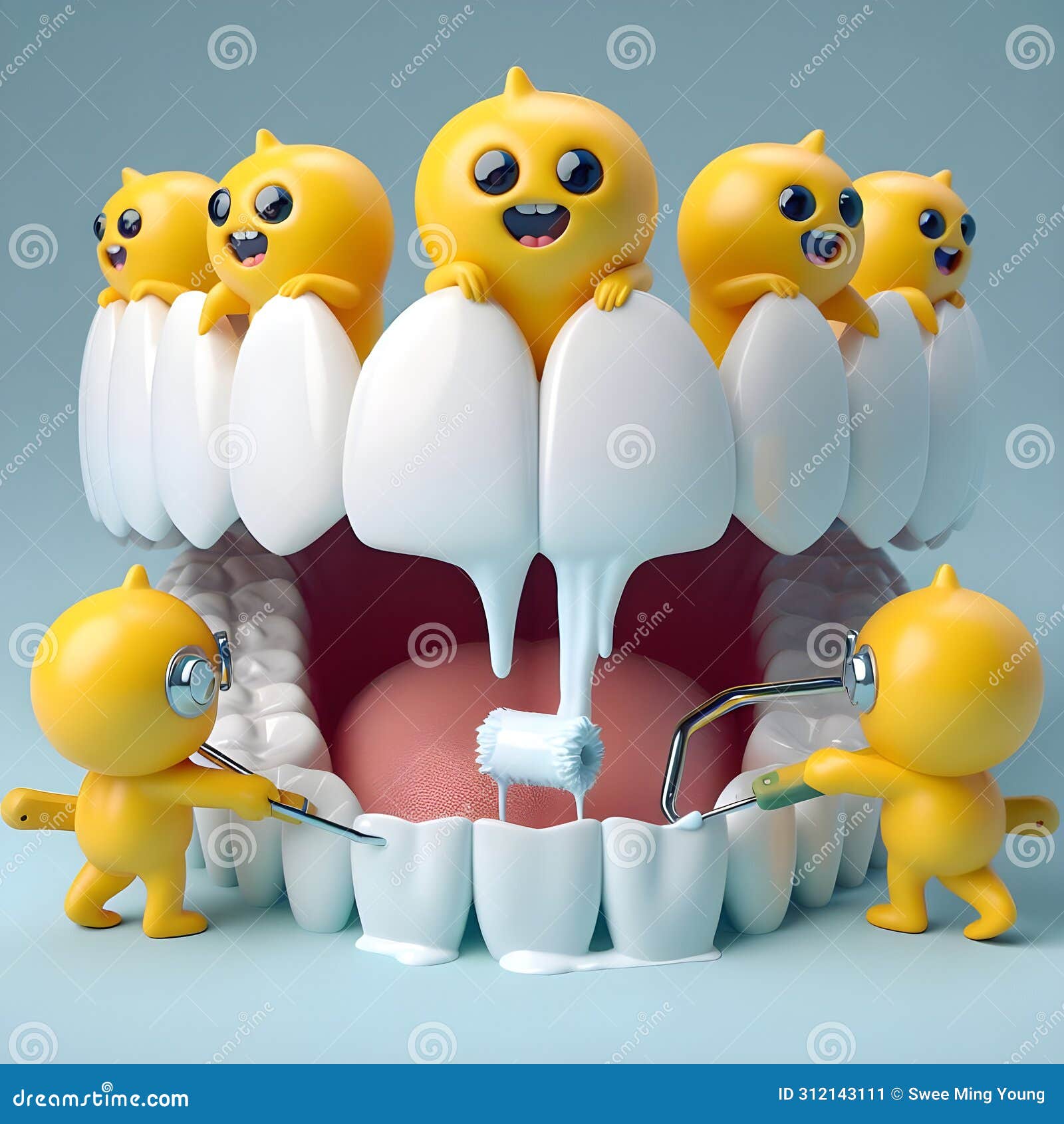 Image of Little Funny Cartoon Monsters in Yellow Suits Color the Tooth ...