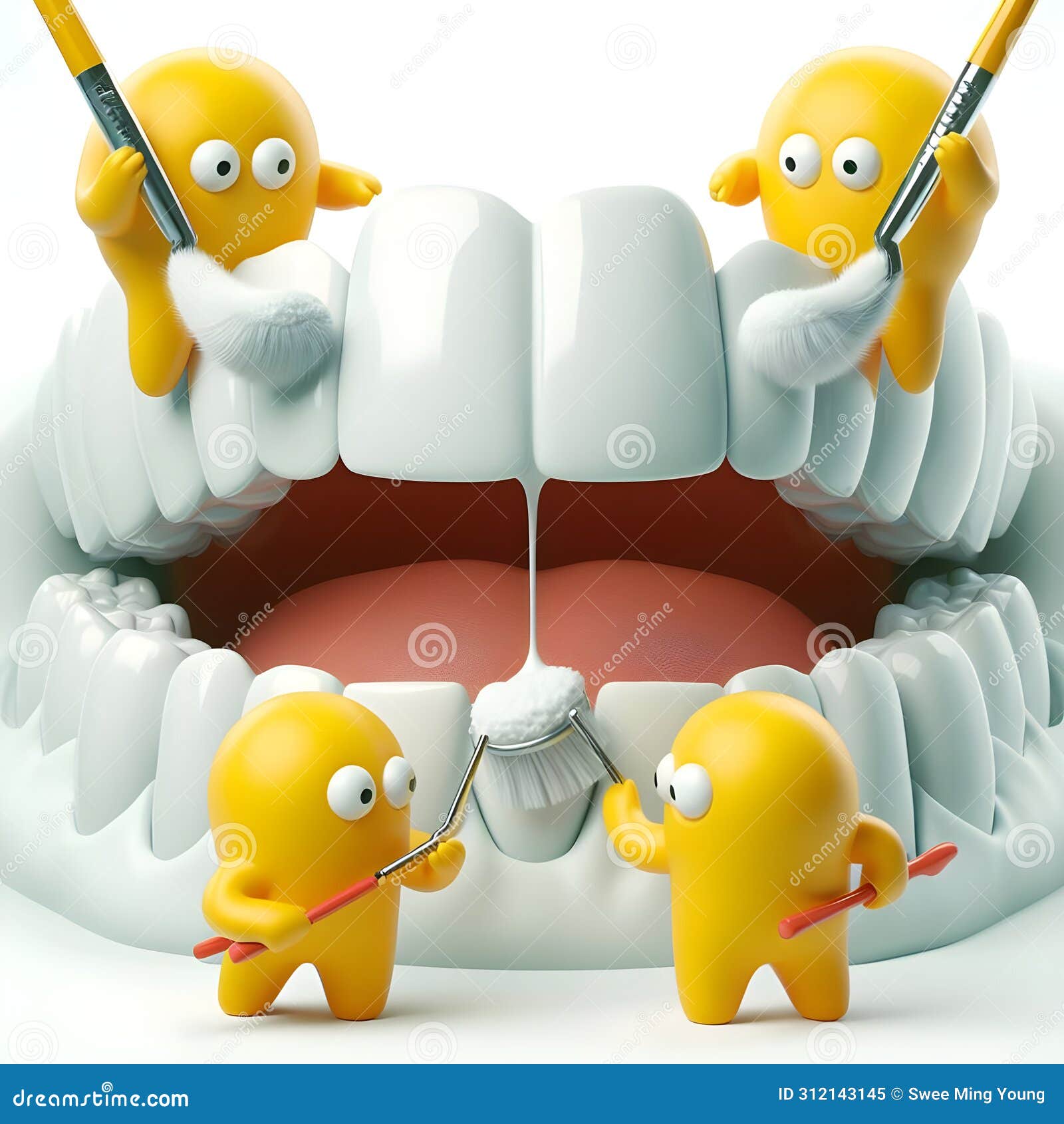 Image of Little Funny Cartoon Monsters in Yellow Suits Color the Tooth ...