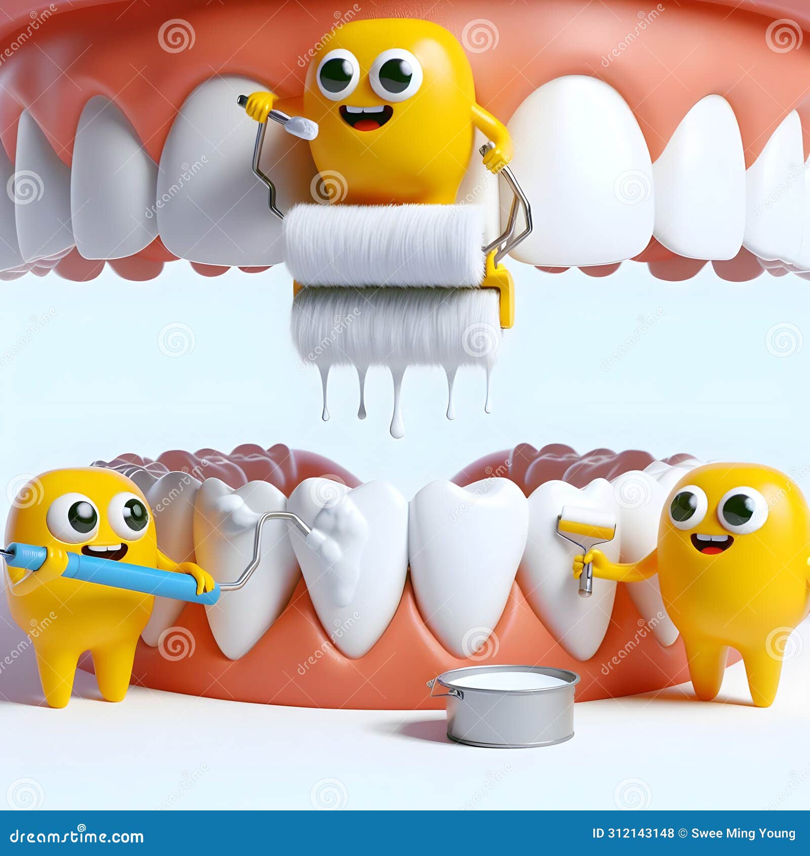 Image of Little Funny Cartoon Monsters in Yellow Suits Color the Tooth ...