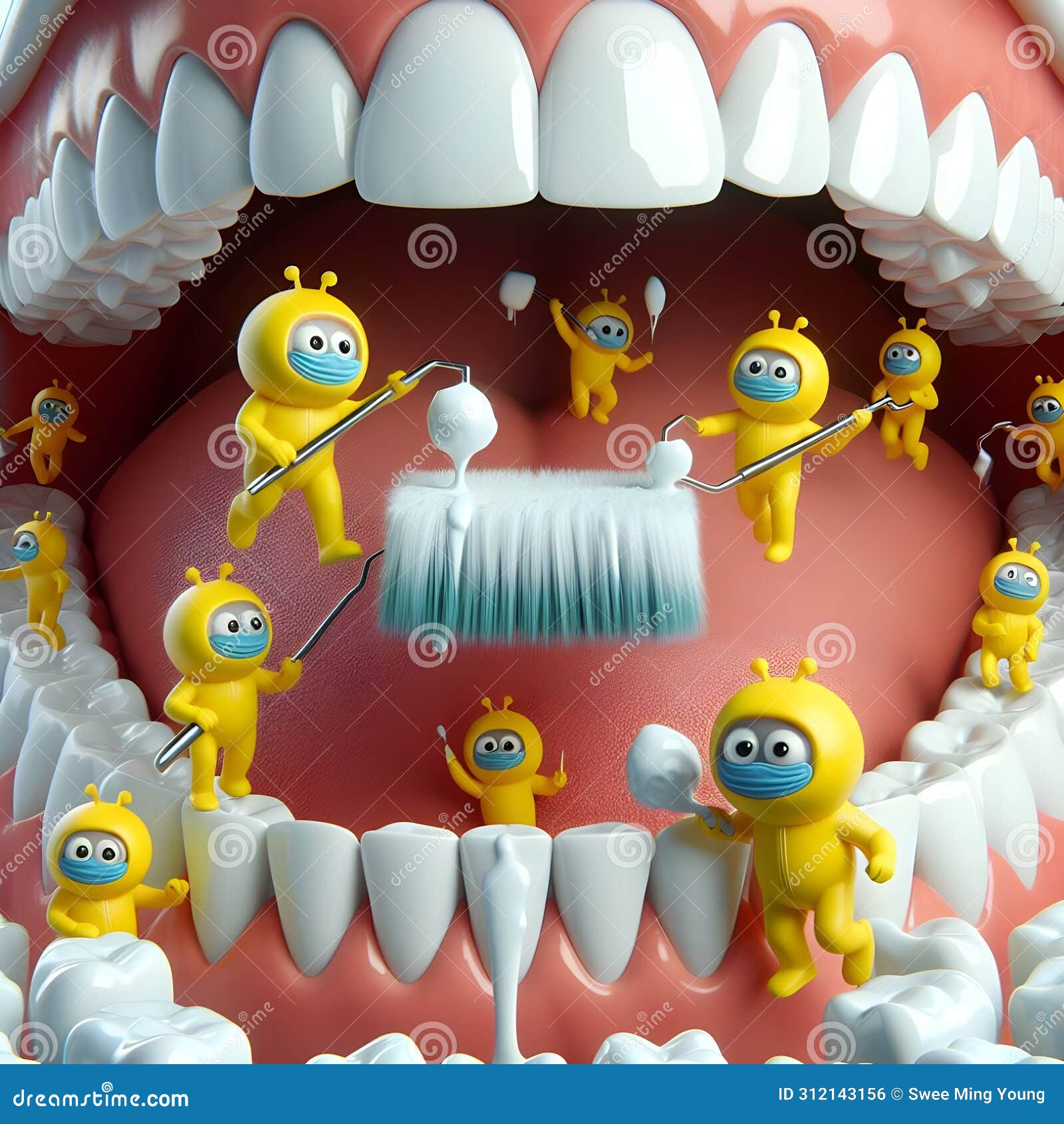 Image of Little Funny Cartoon Monsters in Yellow Suits Color the Tooth ...