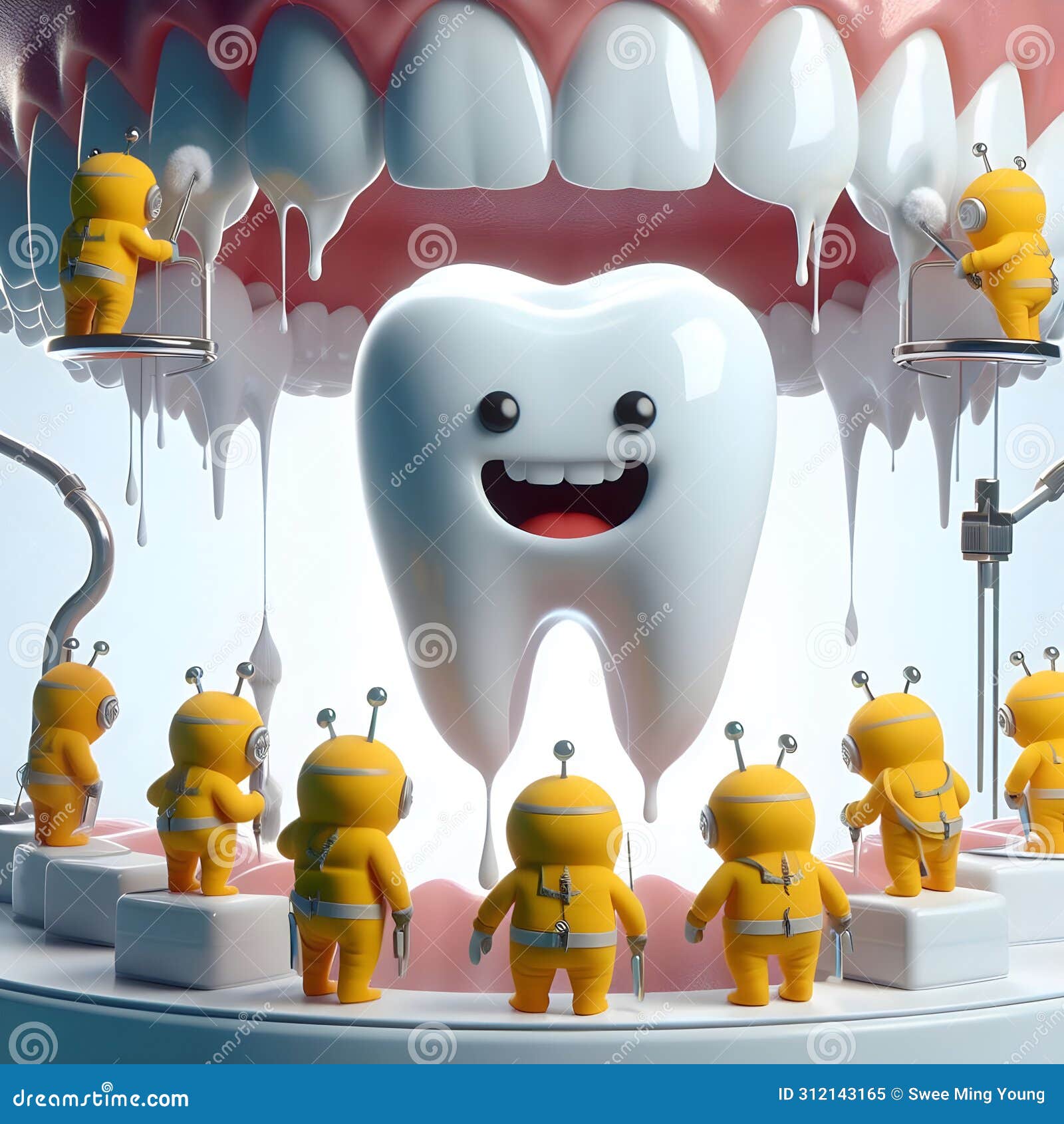 Image of Little Funny Cartoon Monsters in Yellow Suits Color the Tooth ...