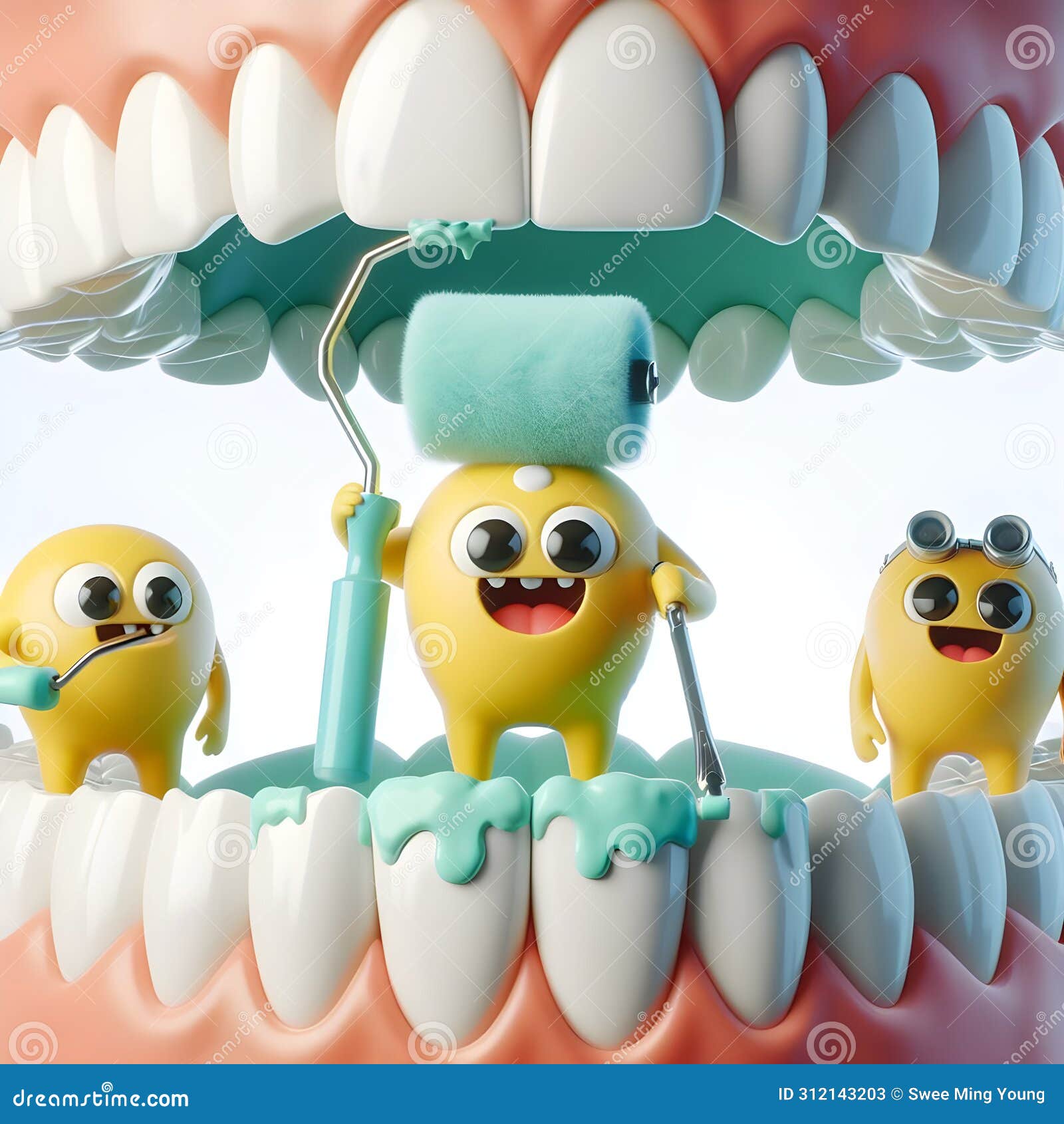 Image of Little Funny Cartoon Monsters in Yellow Suits Color the Tooth ...