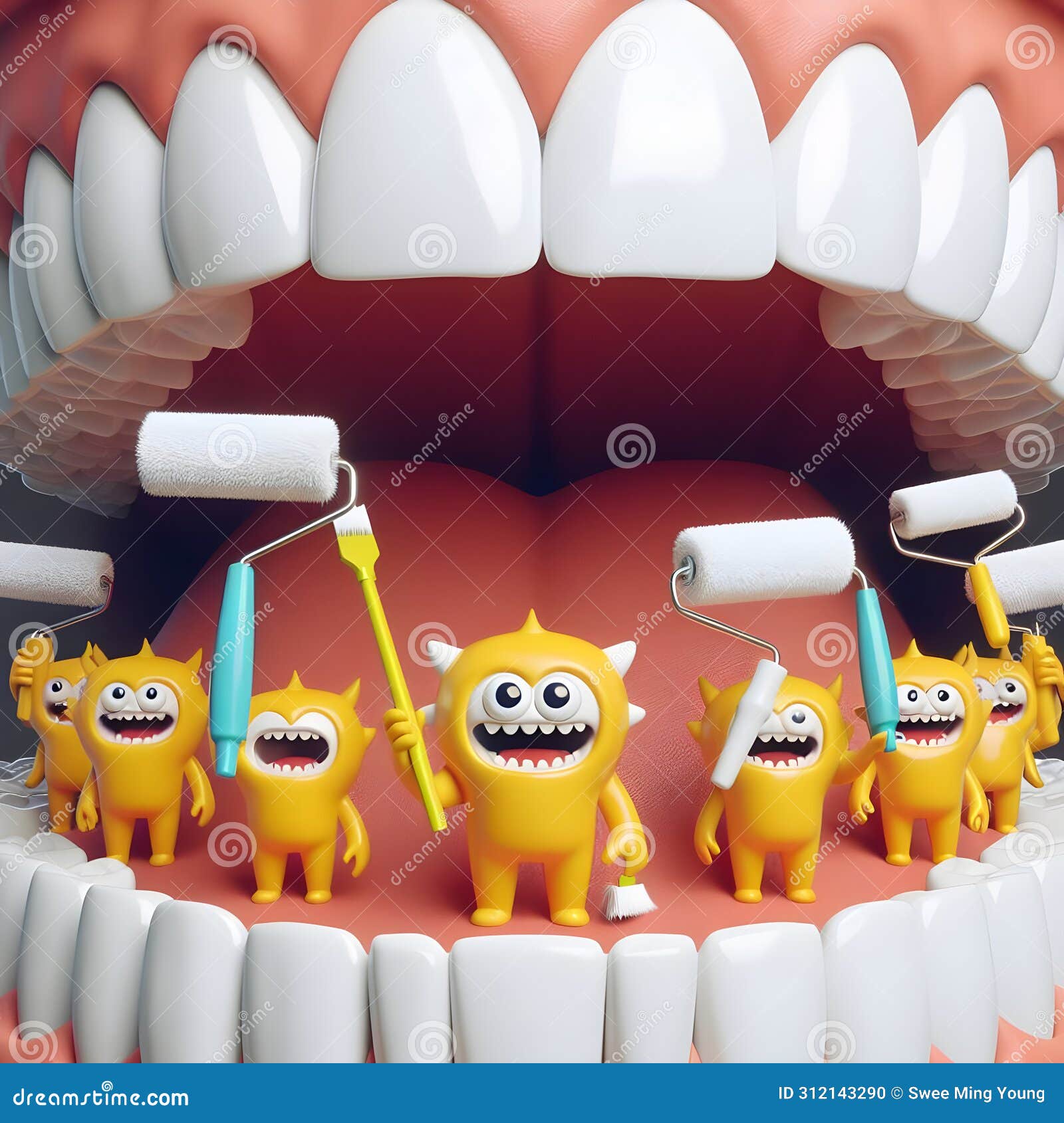 Image of Little Funny Cartoon Monsters in Yellow Suits Color the Tooth ...