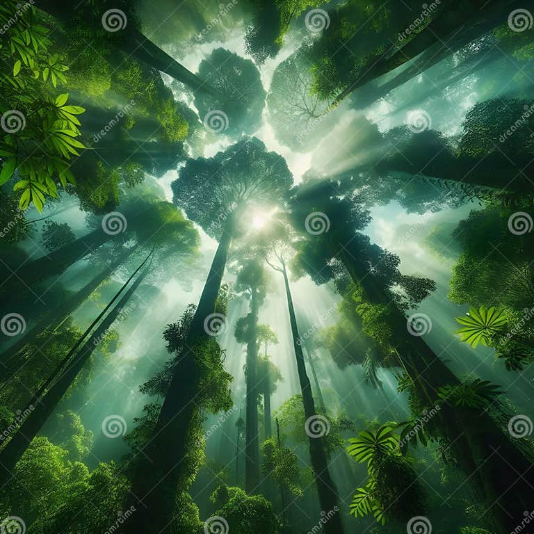 Looking from Below the Towering Trees of Leaves Lush with Dappled Light ...