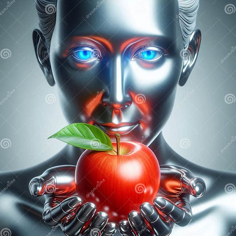 Metallic Humanoid with Blue Eyes Holding and Looking on a Bright Red ...