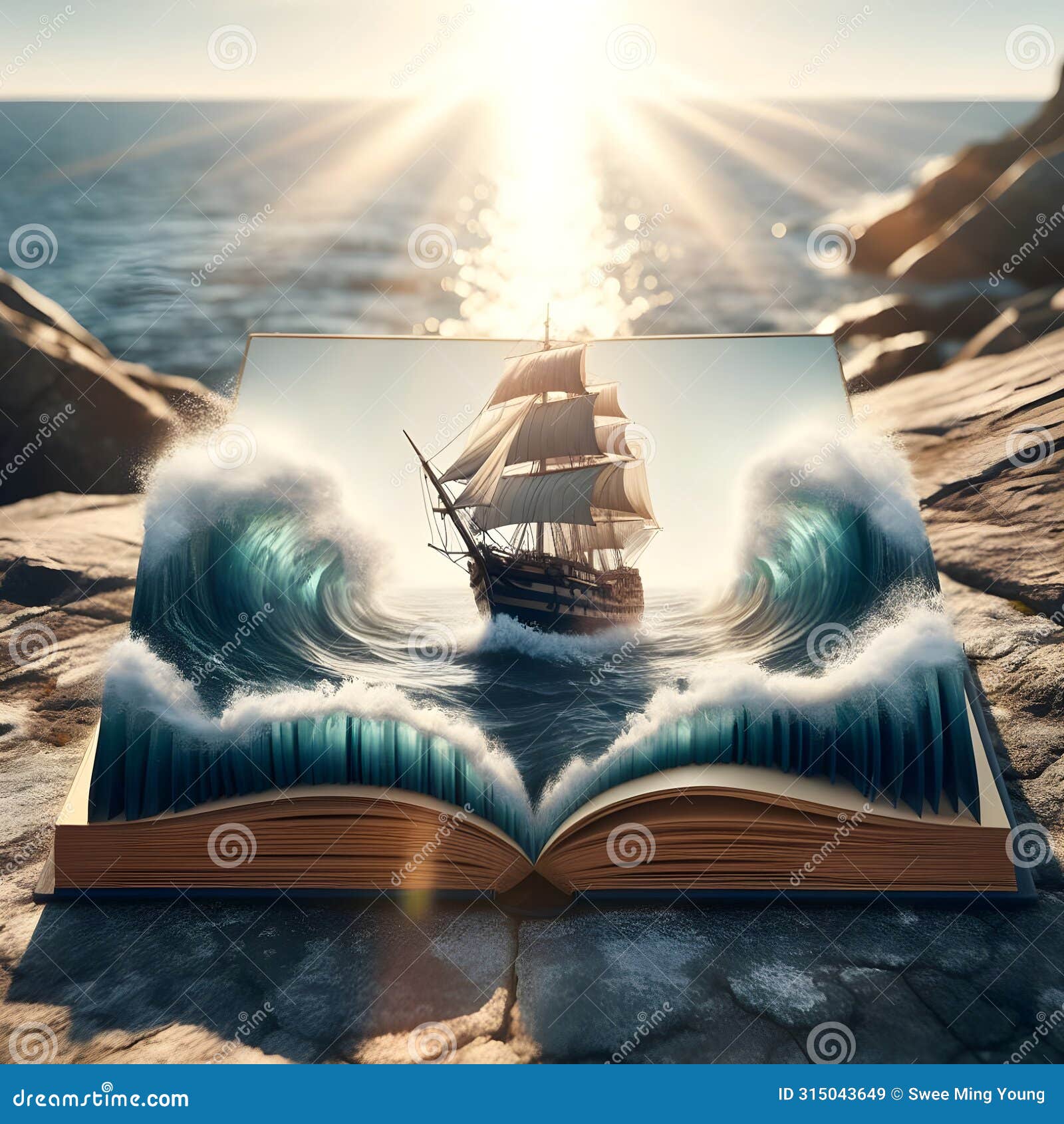 Image of an Open Book with 3 Dimensional Photo of a Sailing Ship on a ...
