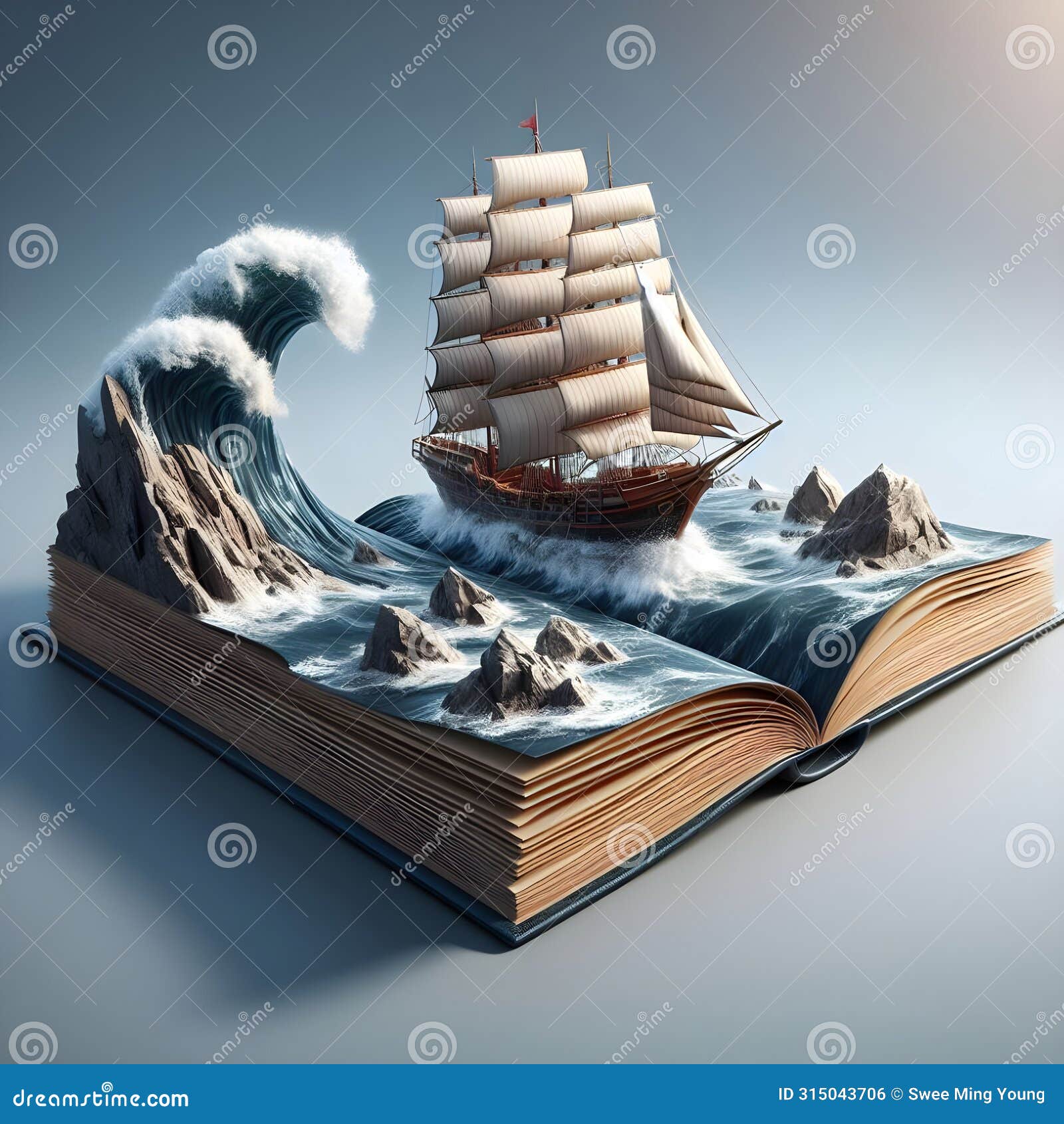 Image of an Open Book with 3 Dimensional Photo of a Sailing Ship on a ...