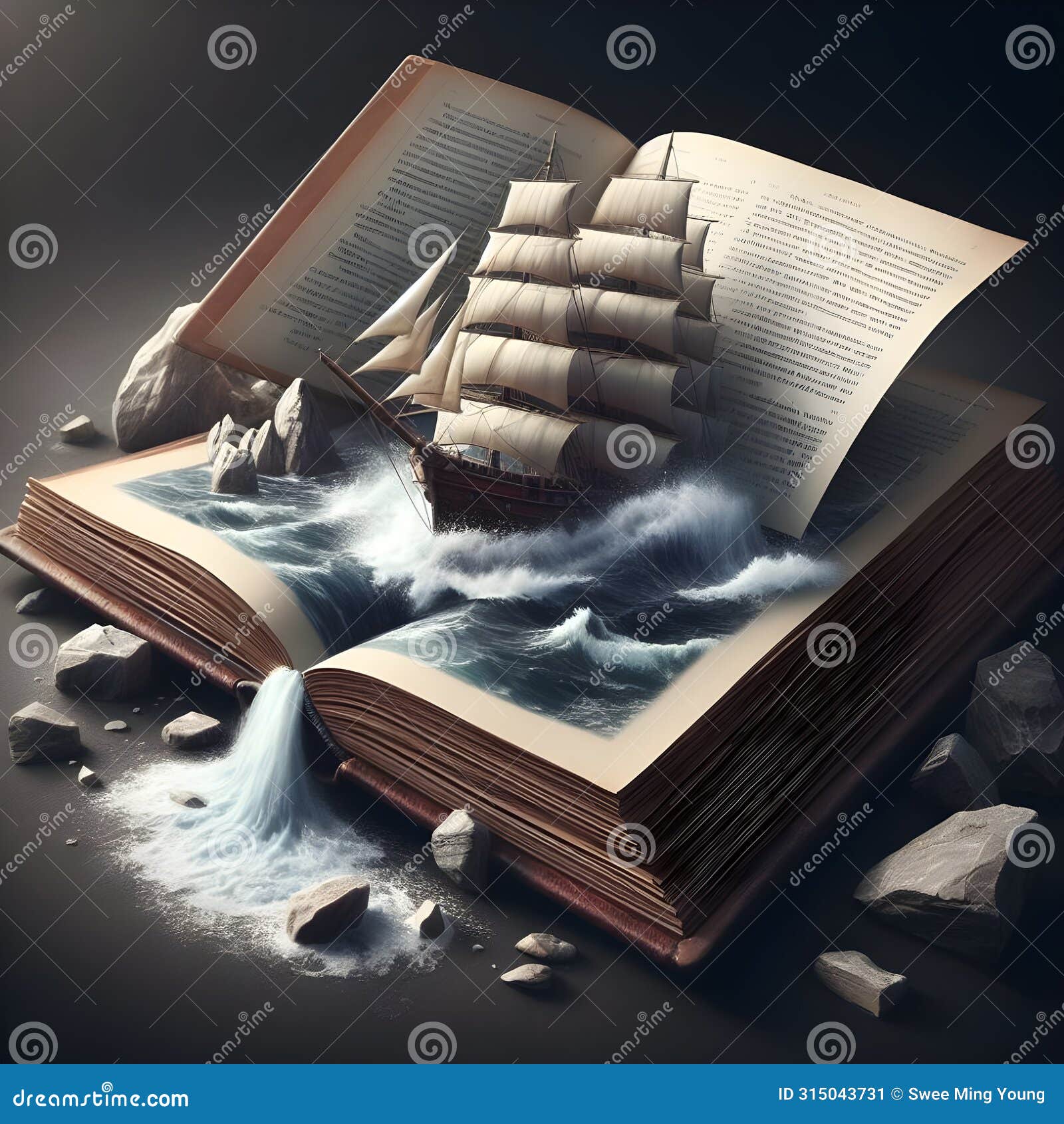 Image of an Open Book with 3 Dimensional Photo of a Sailing Ship on a ...