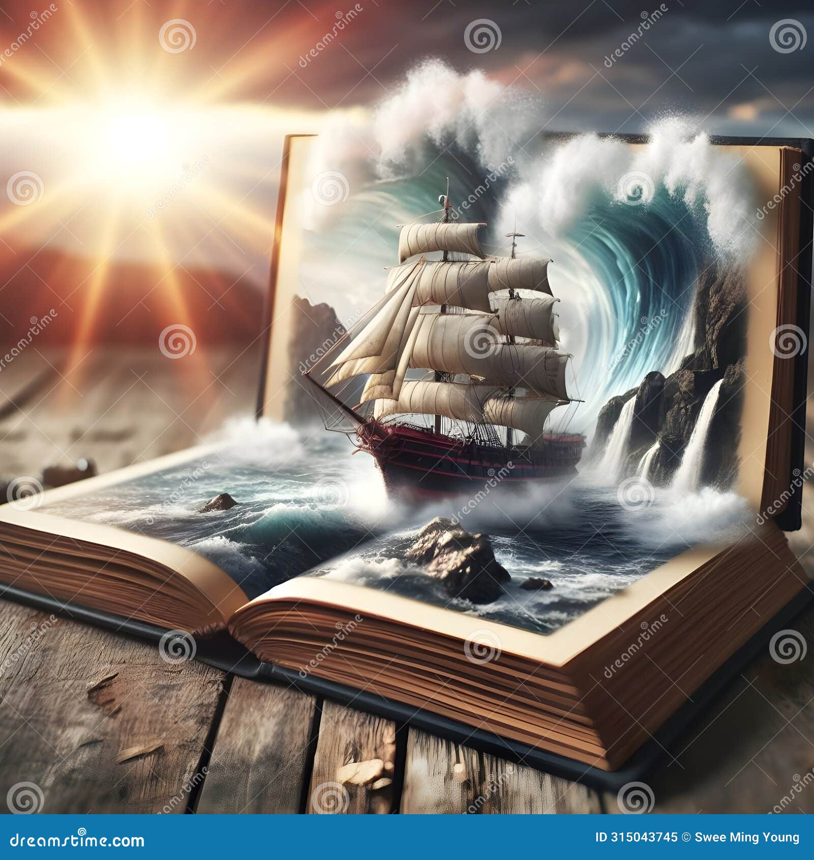 Image of an Open Book with 3 Dimensional Photo of a Sailing Ship on a ...