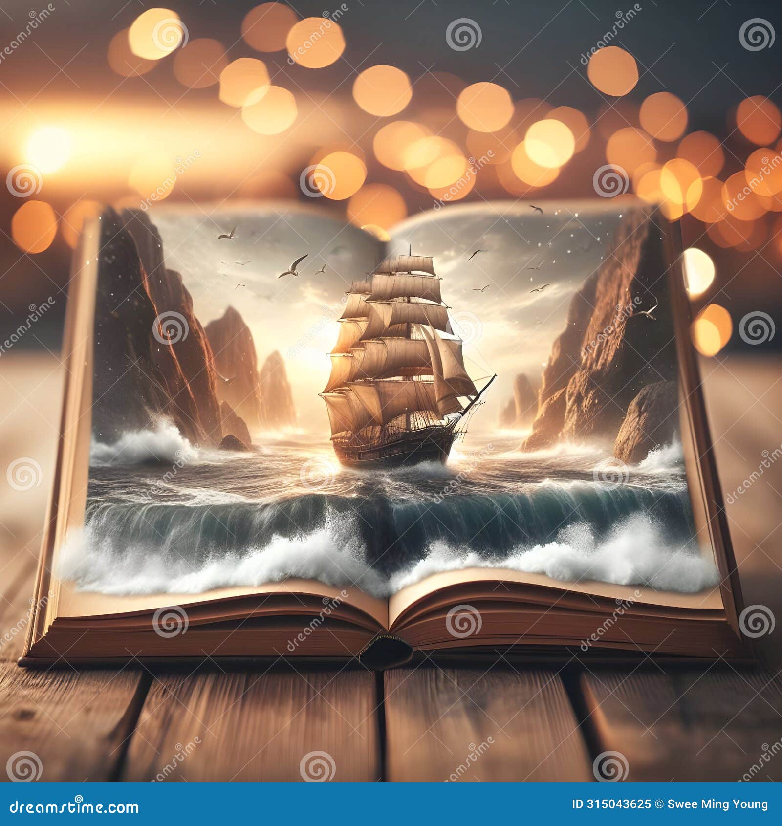 Image of an Open Book with 3 Dimensional Photo of a Sailing Ship on a ...