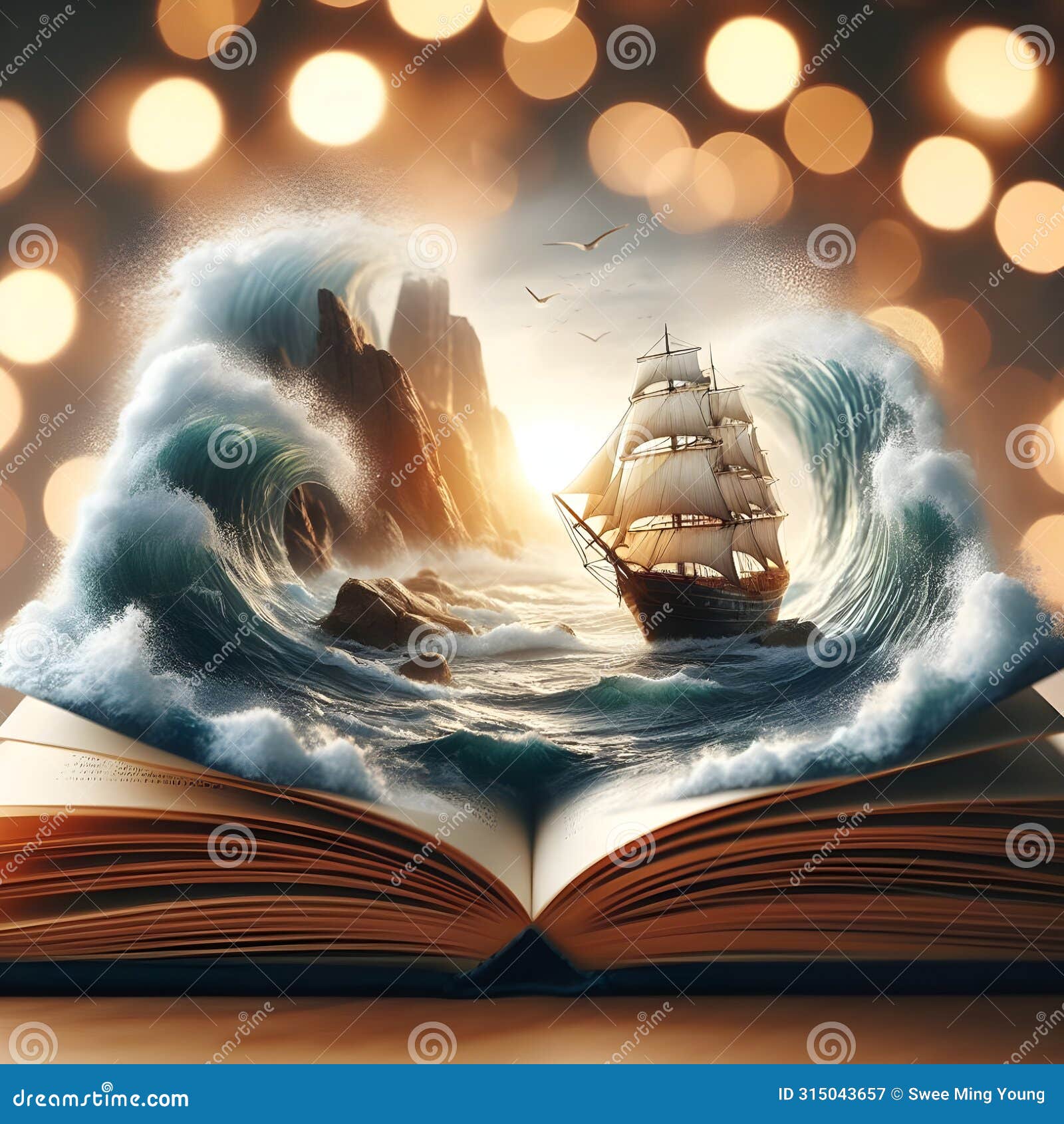 Image of an Open Book with 3 Dimensional Photo of a Sailing Ship on a ...