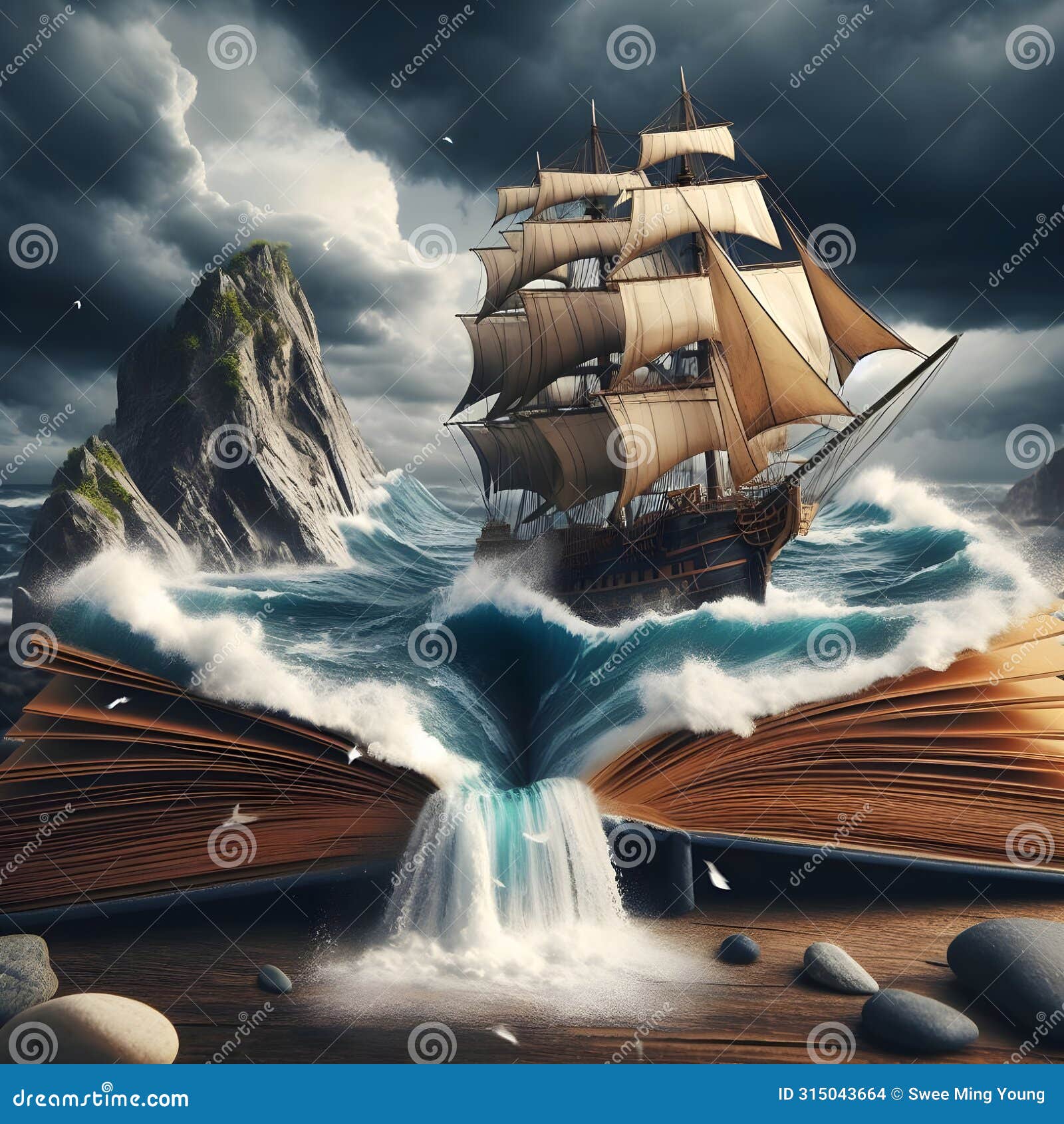 Image of an Open Book with 3 Dimensional Photo of a Sailing Ship on a ...