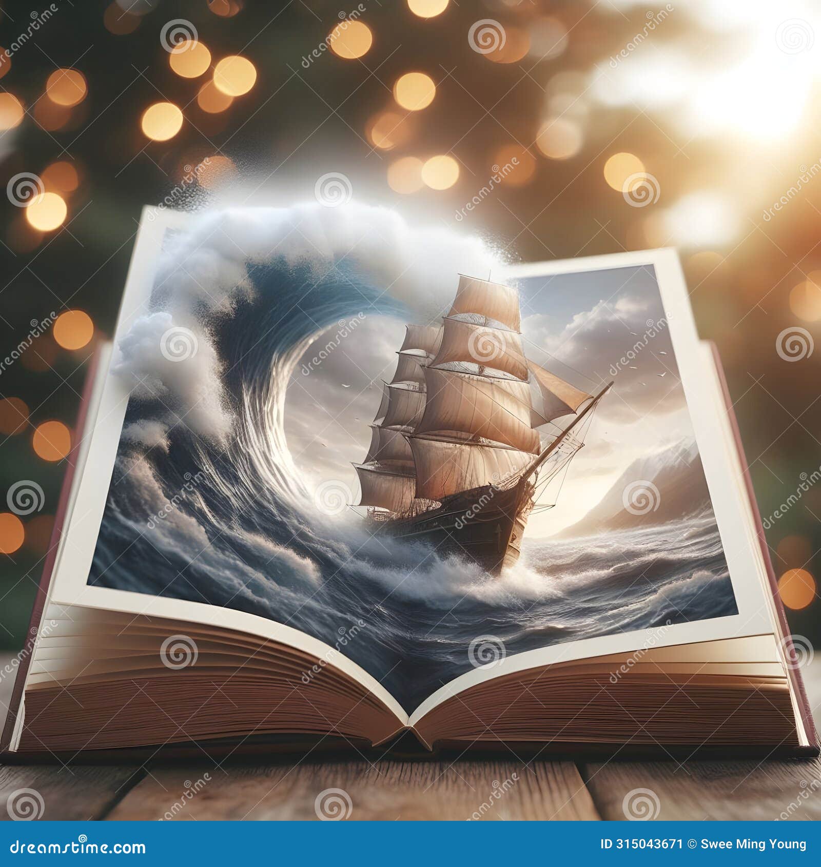 Image of an Open Book with 3 Dimensional Photo of a Sailing Ship on a ...