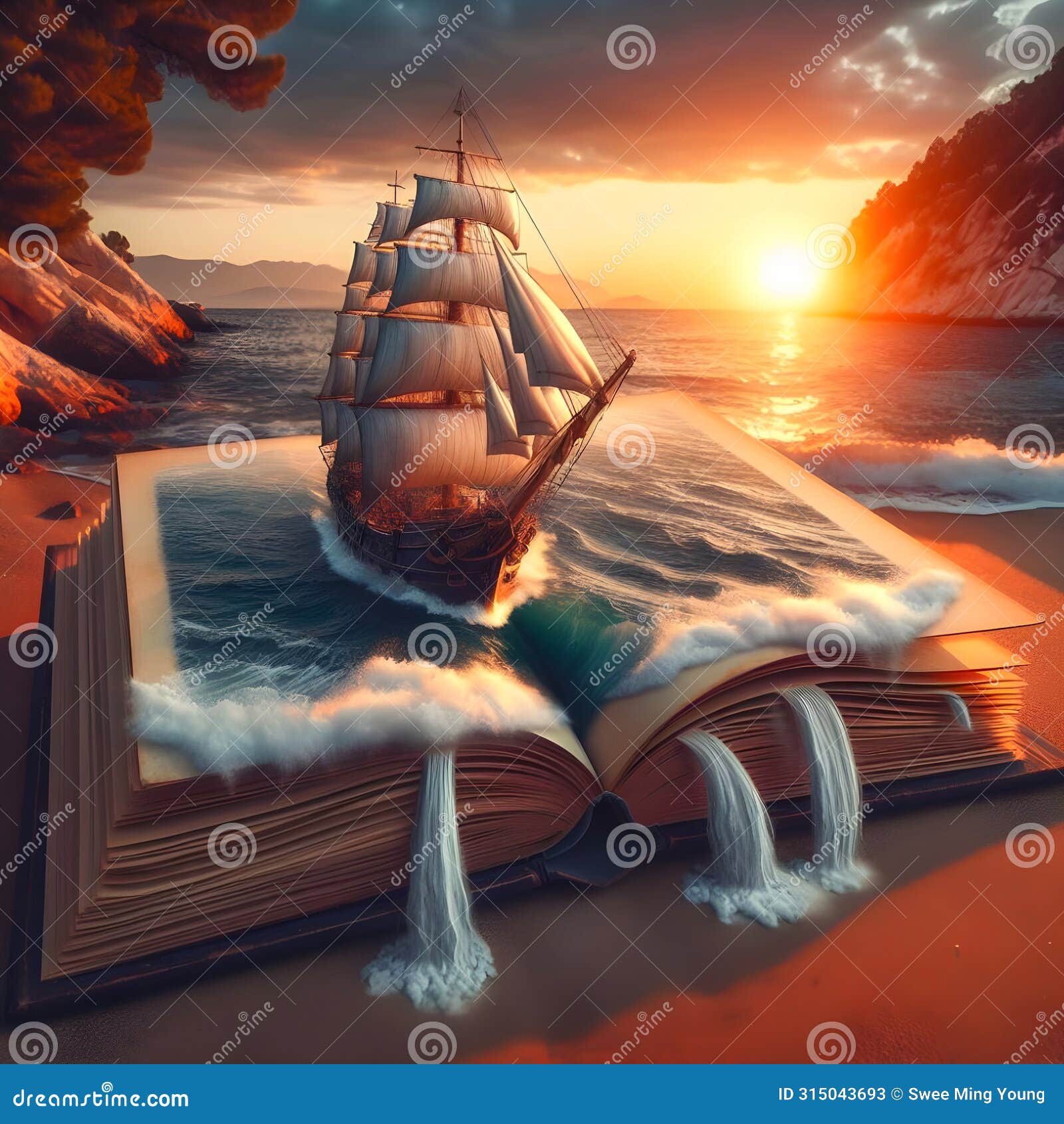 Image of an Open Book with 3 Dimensional Photo of a Sailing Ship on a ...
