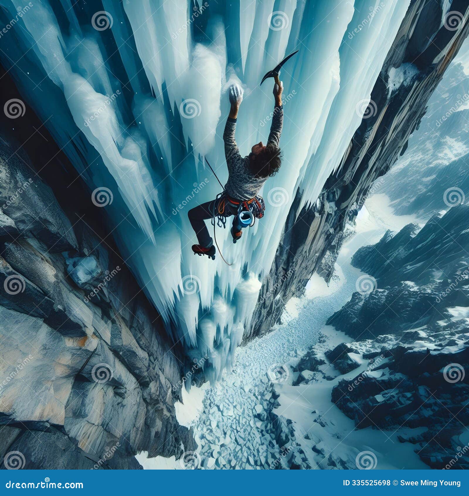 An Ice Climber Hanging and Climbing from a Steep Ice Wall with the Ice ...