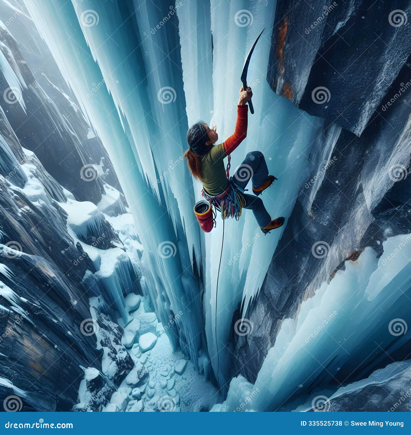 An Ice Climber Hanging and Climbing from a Steep Ice Wall with the Ice ...