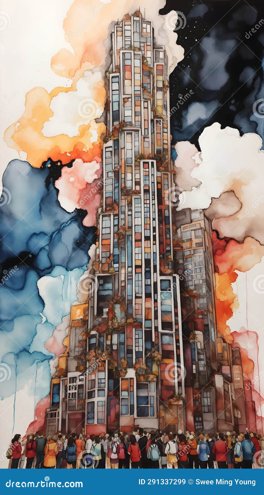 Image of Painterly Tall Wonky Shape Building with Lots of People ...