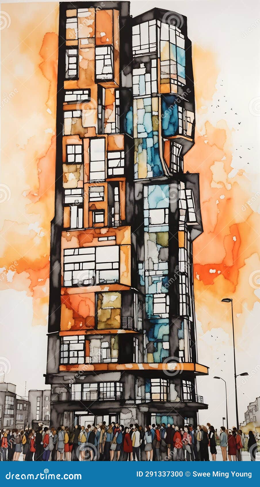 Image of Painterly Tall Wonky Shape Building with Lots of People ...