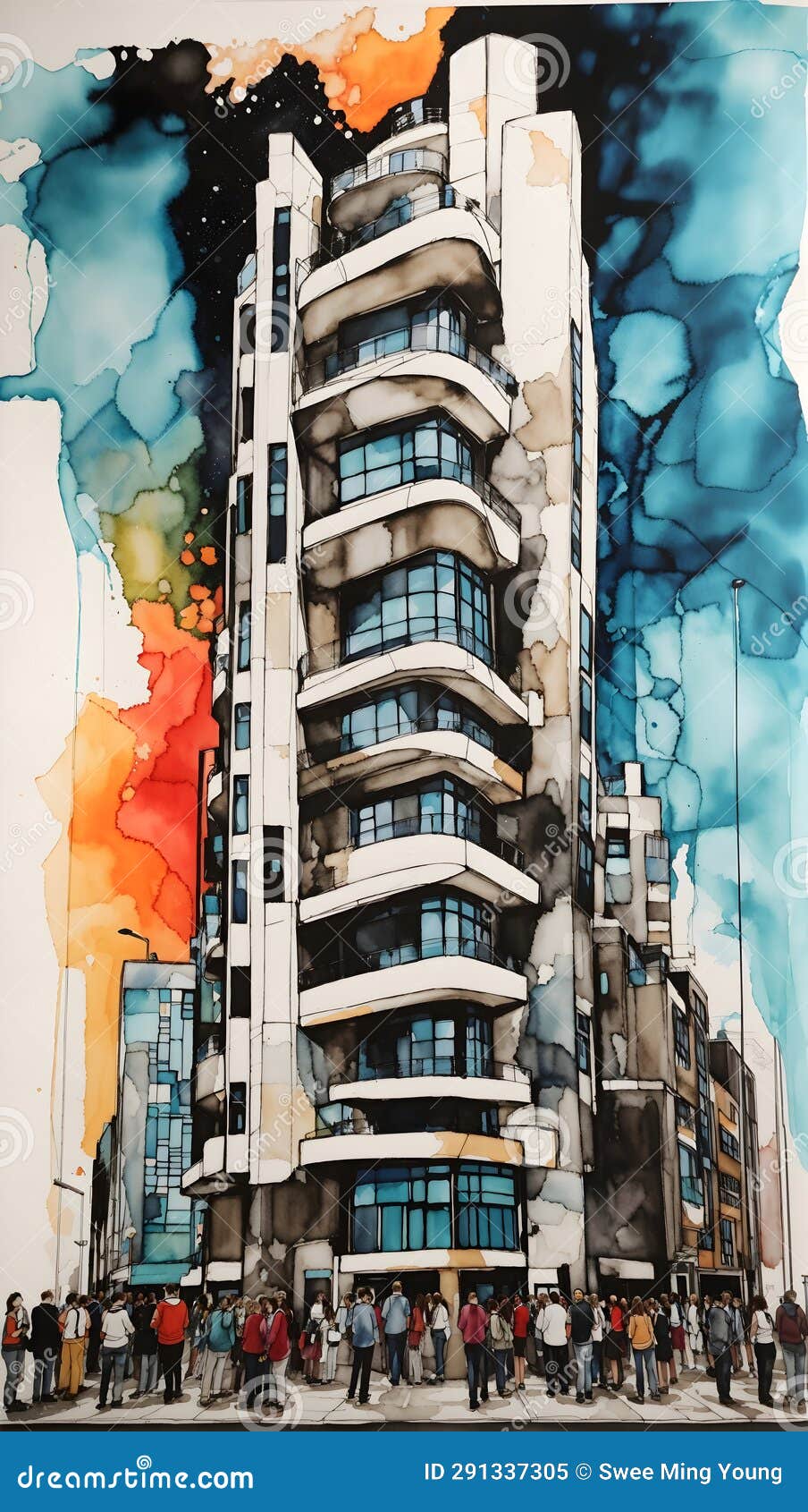 Image of Painterly Tall Wonky Shape Building with Lots of People ...