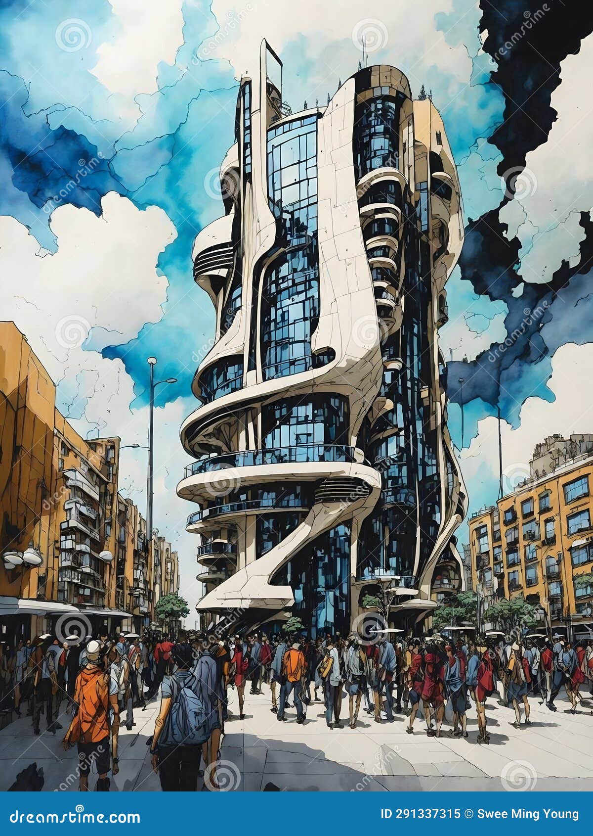 Image of Painterly Tall Wonky Shape Building with Lots of People ...