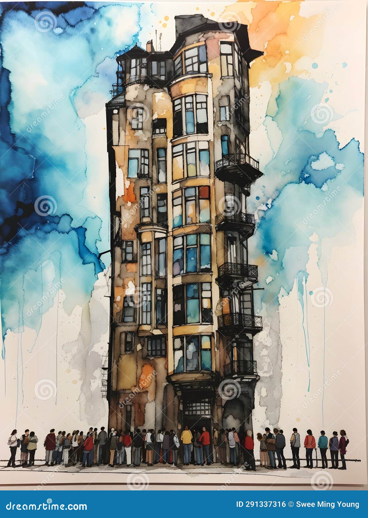 Image of Painterly Tall Wonky Shape Building with Lots of People ...