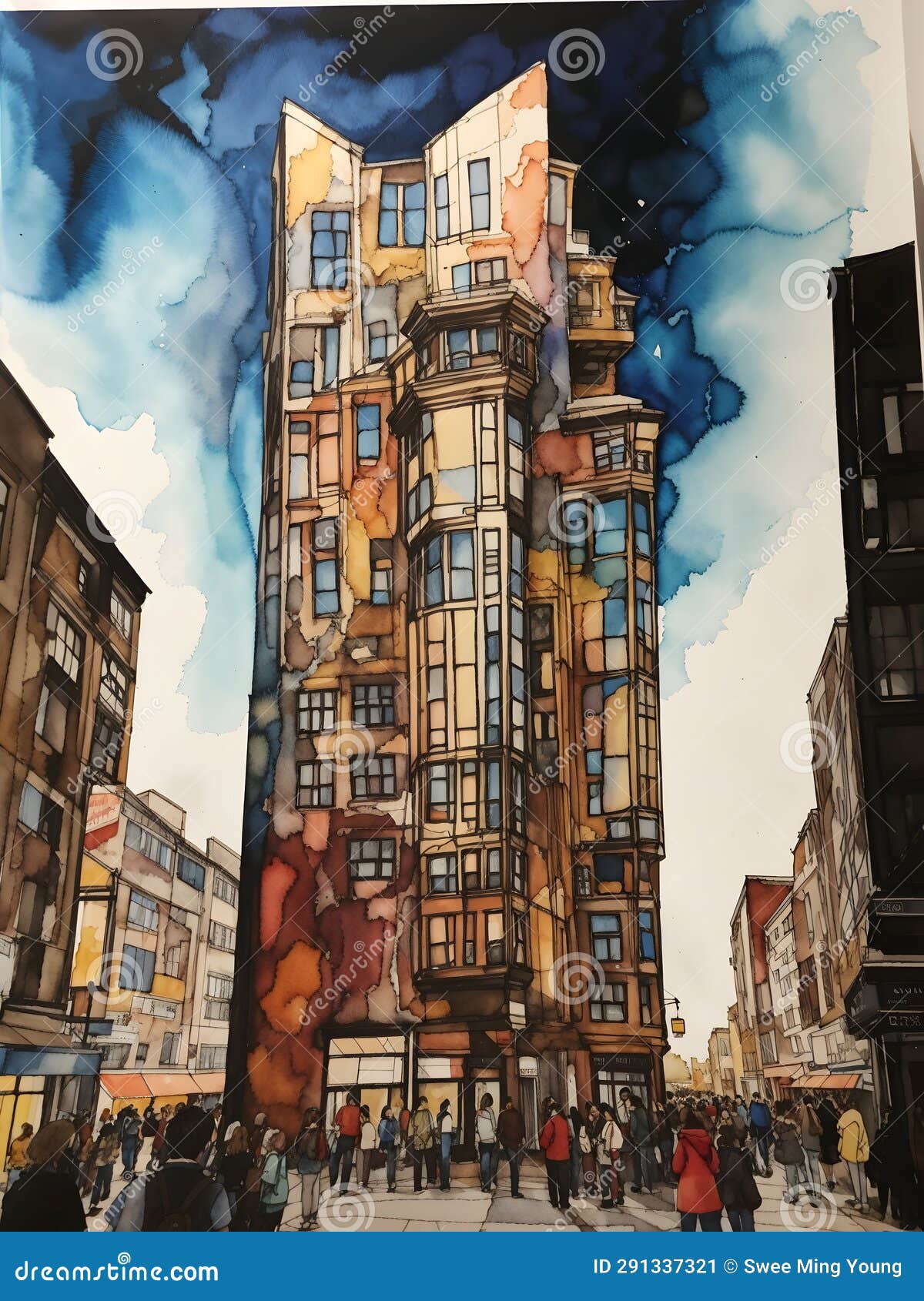 Image of Painterly Tall Wonky Shape Building with Lots of People ...