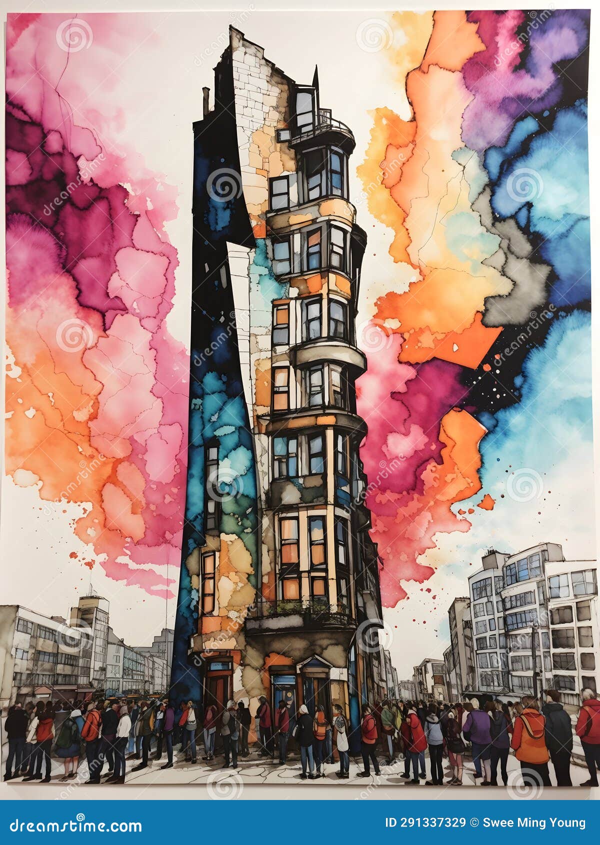 Image of Painterly Tall Wonky Shape Building with Lots of People ...