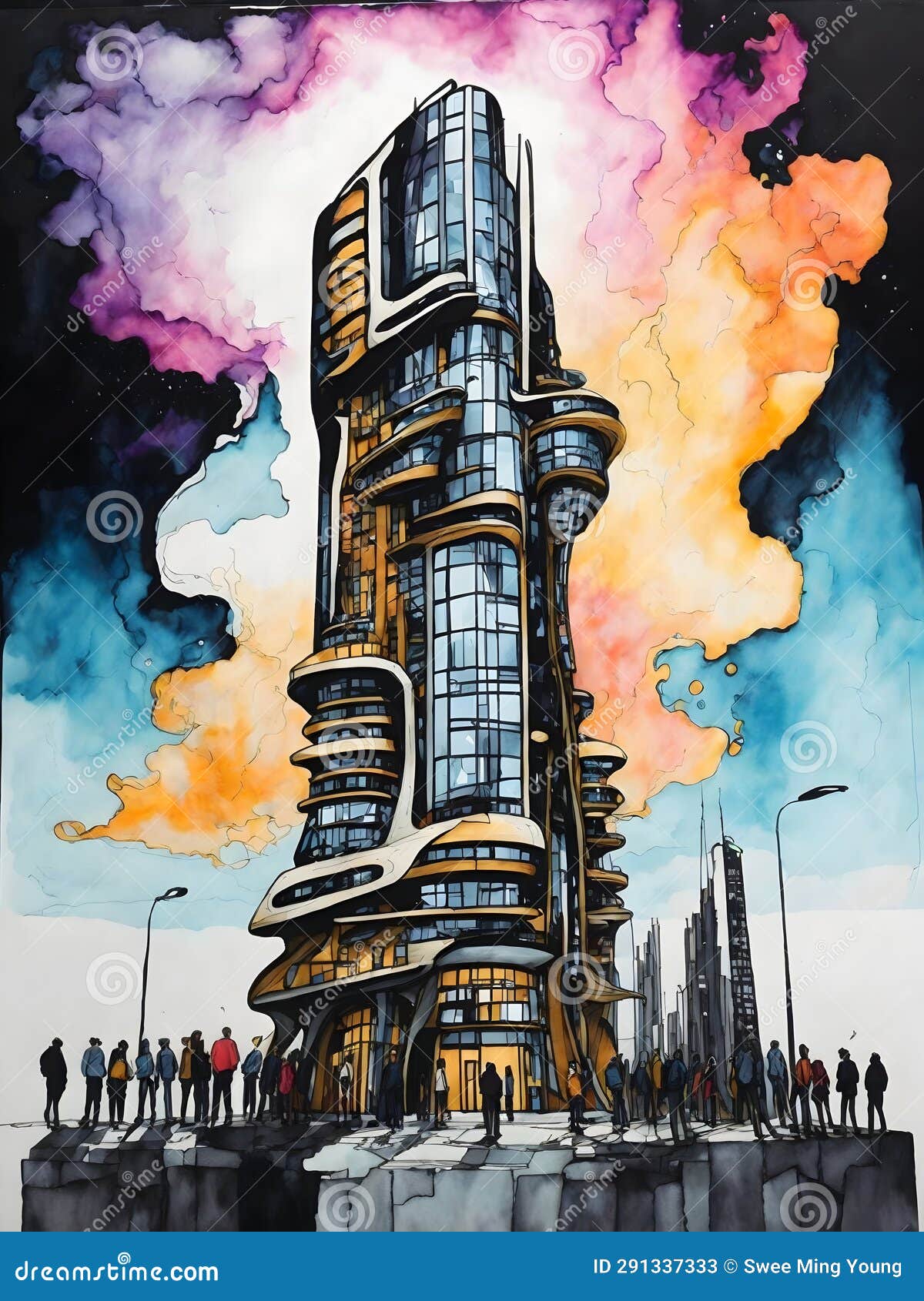 Image of Painterly Tall Wonky Shape Building with Lots of People ...