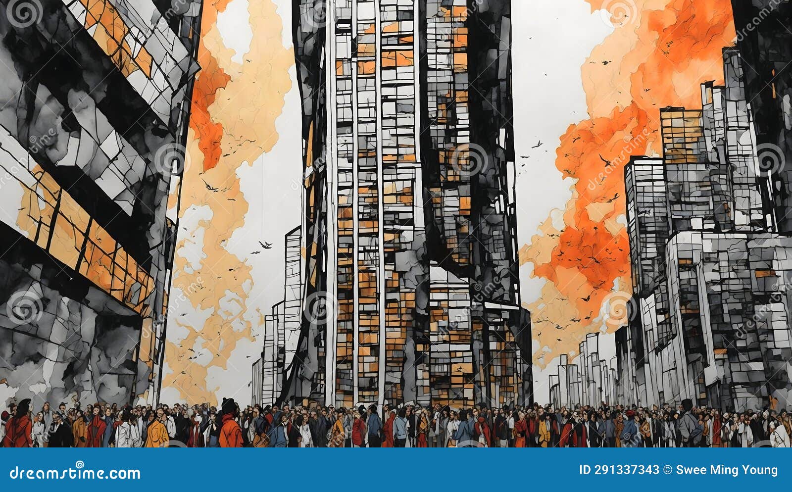 Image of Painterly Tall Wonky Shape Building with Lots of People ...