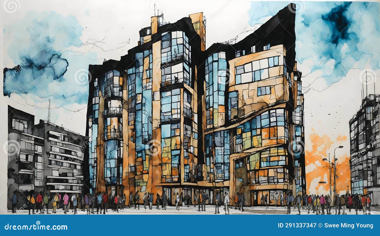 Image of Painterly Tall Wonky Shape Building with Lots of People ...