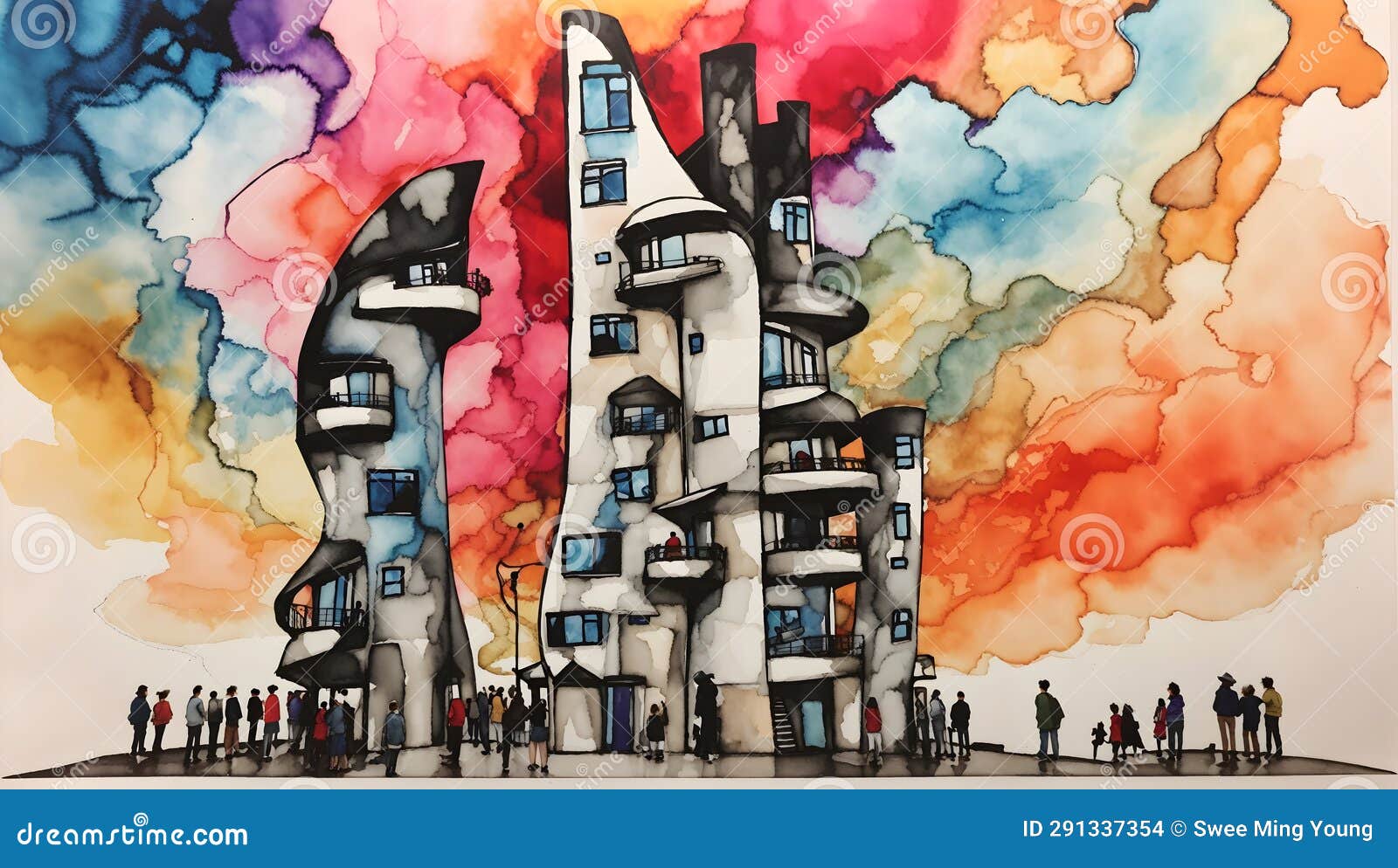 Image of Painterly Tall Wonky Shape Building with Lots of People ...