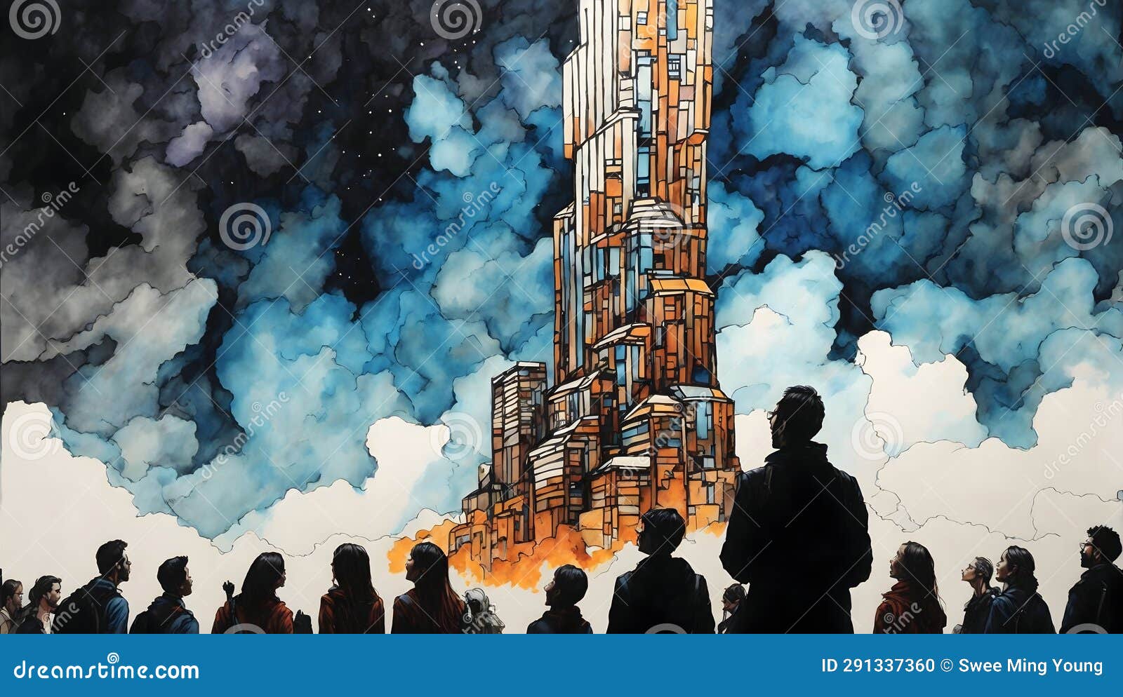 Image of Painterly Tall Wonky Shape Building with Lots of People ...