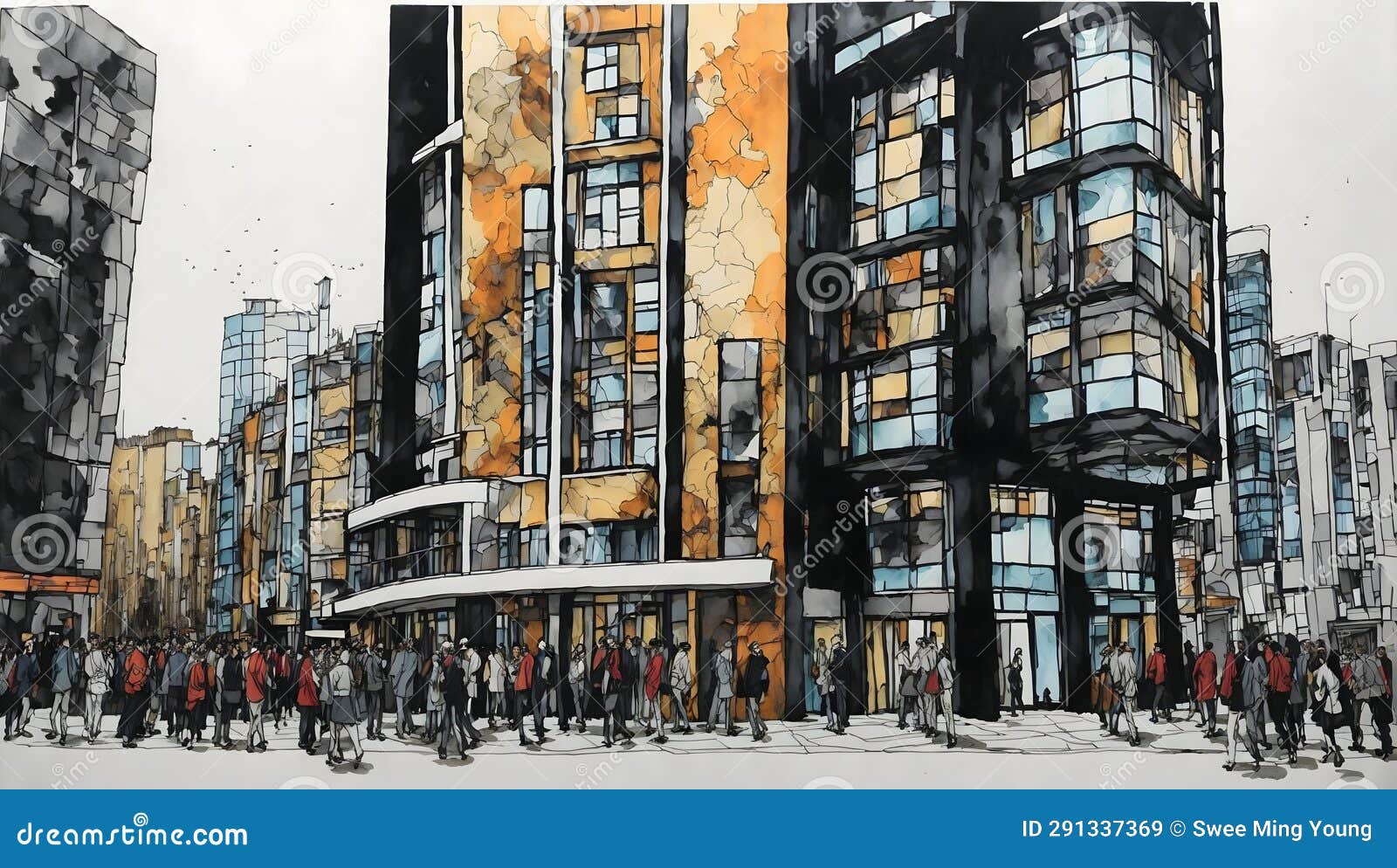 Image of Painterly Tall Wonky Shape Building with Lots of People ...