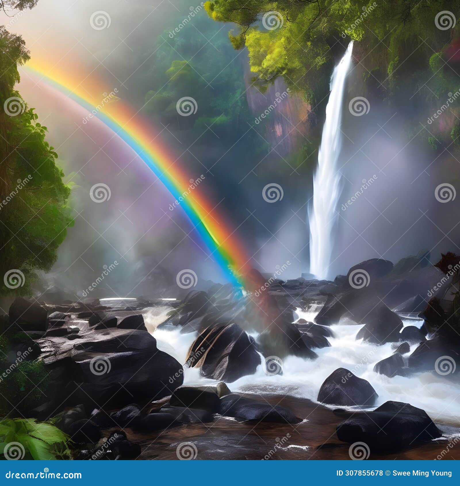 Image of a Rainbow Over a Waterfall Surrounded by Lush Vegetation ...