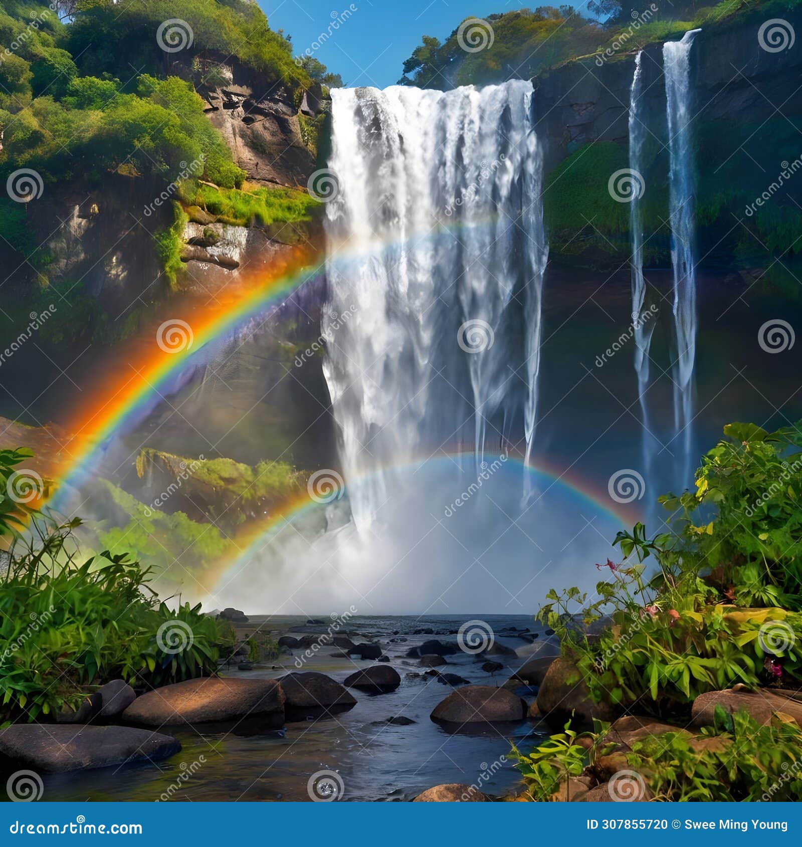 Image of a Rainbow Over a Waterfall Surrounded by Lush Vegetation ...