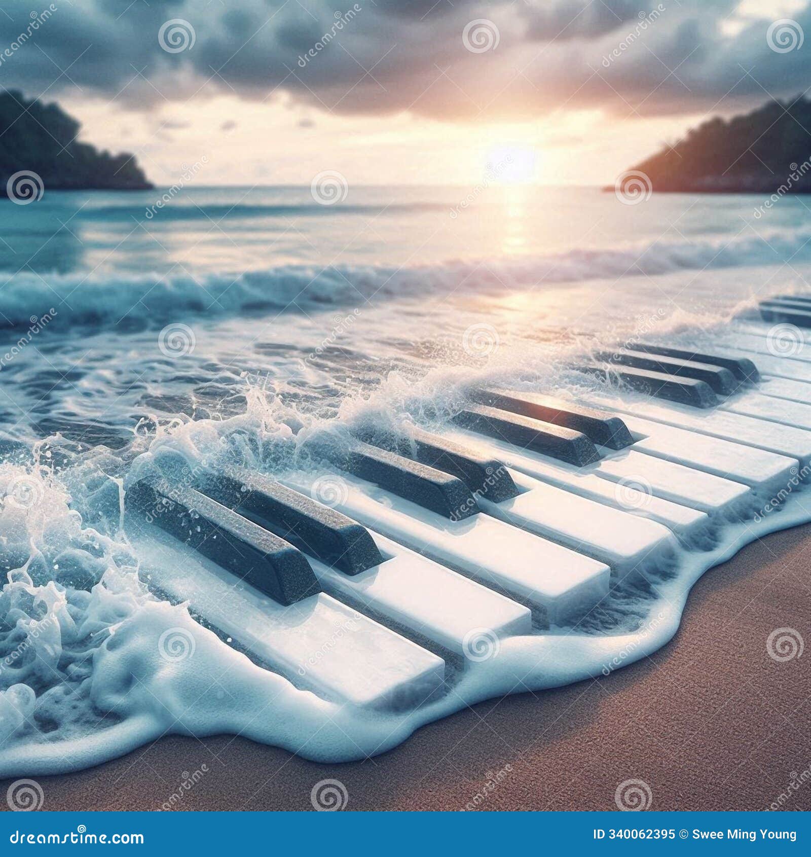 A Serene Transparent Piano Keyboard on the Beach with the Waves Forming ...